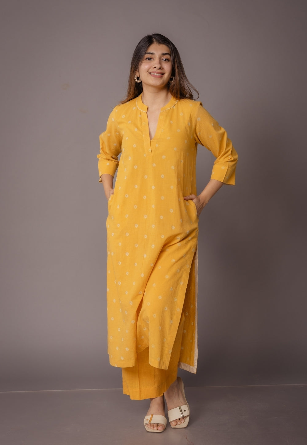 Tanya Yellow Bandhani Cotton Straight Kurta Set (Set of 2) – THE INDIAN ...