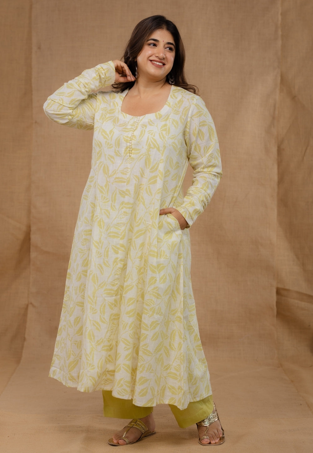 Akrita Green Hand Block Print Slub Cotton Kali Kurta – THE INDIAN ...