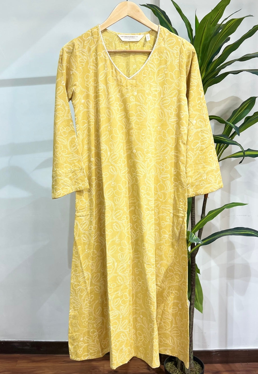 Aarti Mustard Hand Block Print Slub Cotton A Line Kurta with Hand Embr ...