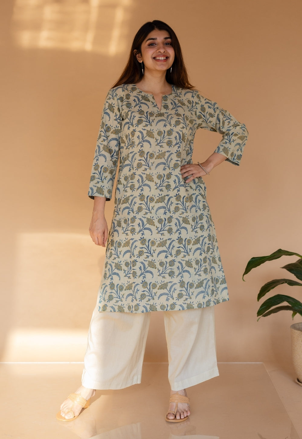 Indian Ethnic Women's Hitanshi Off White Ajrakh Cotton Straight Kurta ...