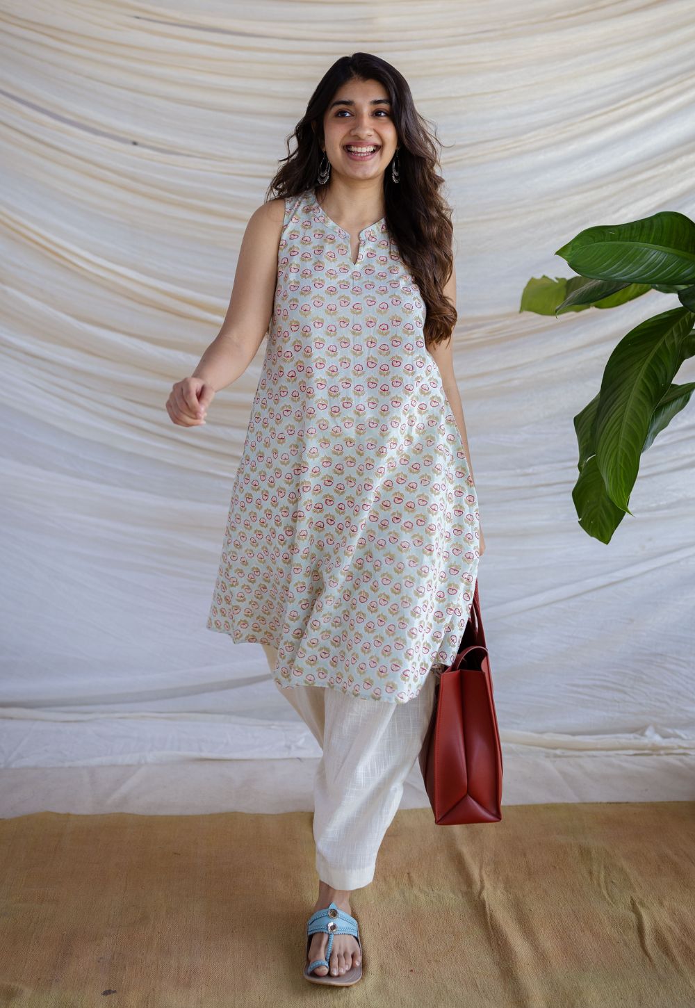Indian Ethnic Women's Zeeya Powder Blue Sanganeri Cotton A Line Kurta ...