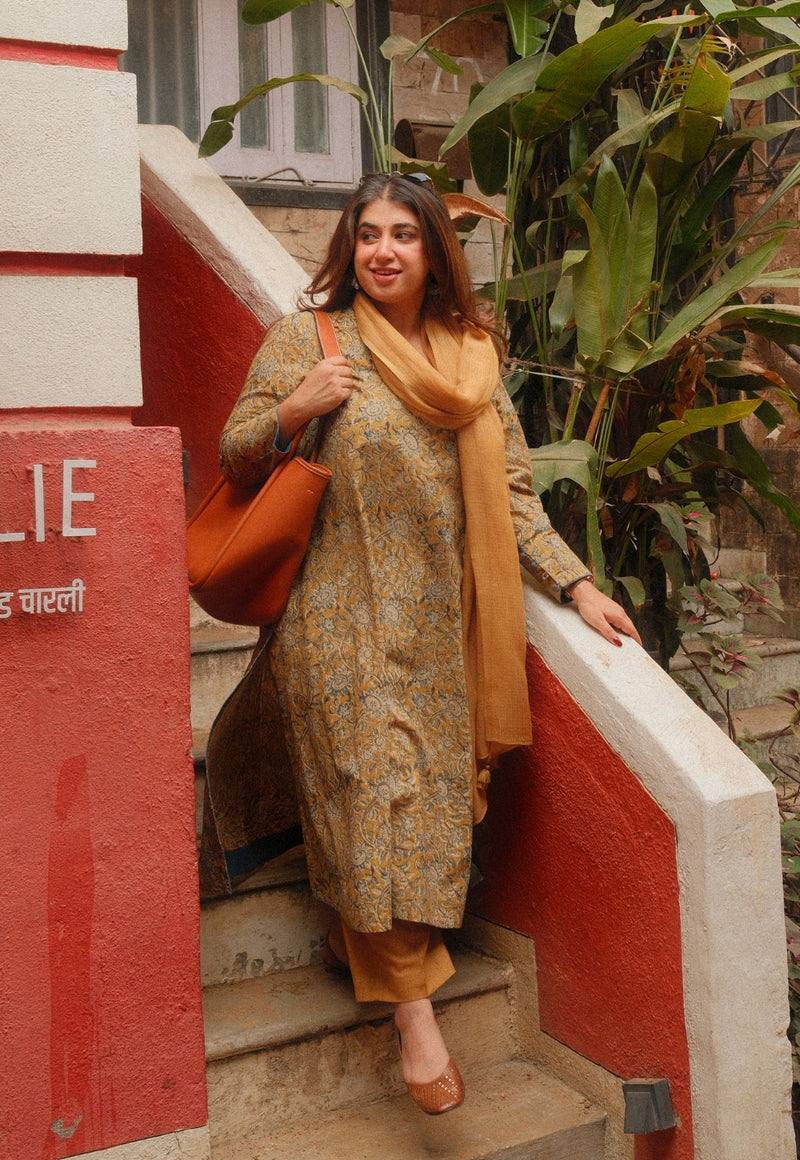 Rifaa Yellow Kalamkari Cotton A Line Kurta – THE INDIAN ETHNIC CO.