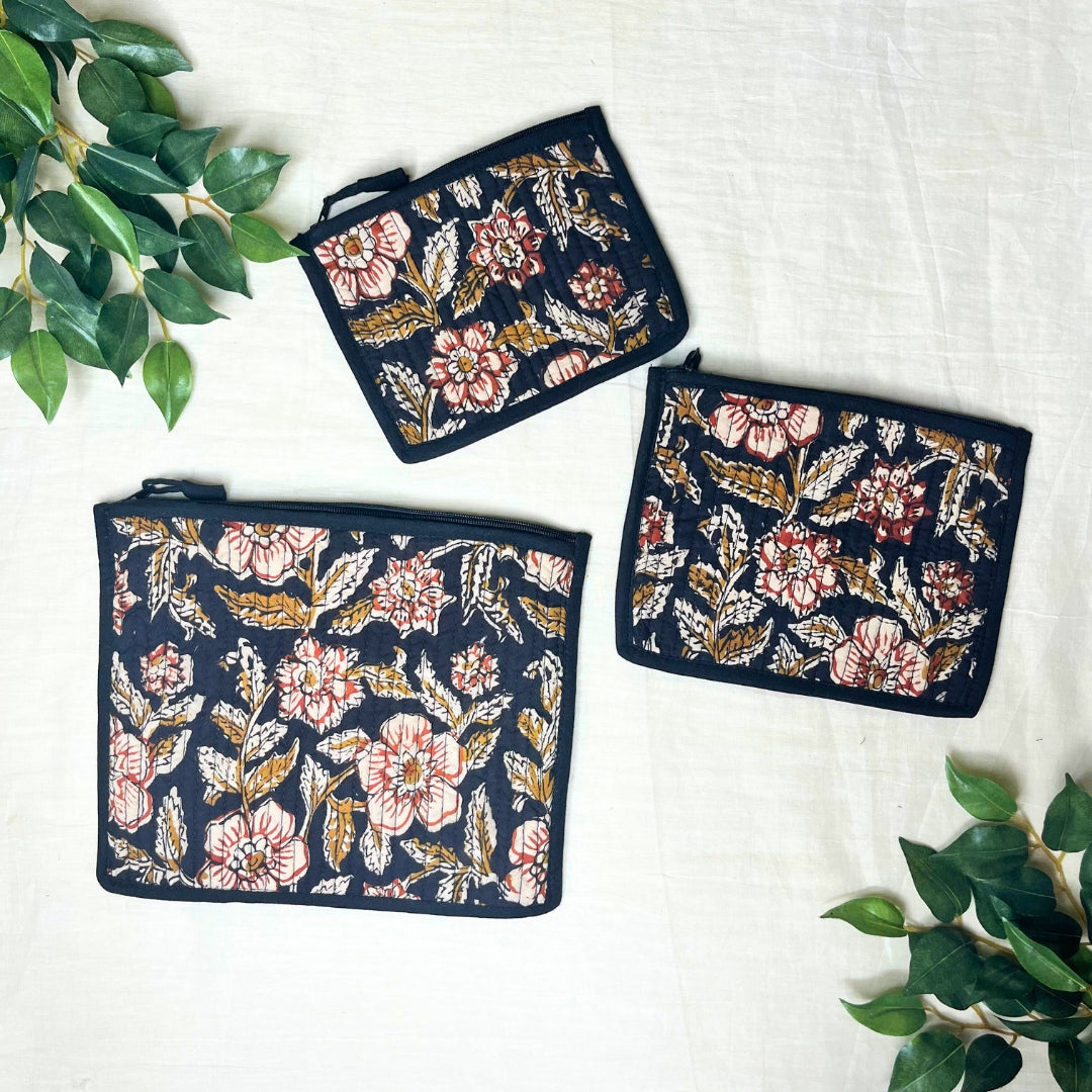 Black Quilted Cotton Hand Pouches (Set of 3) – THE INDIAN ETHNIC CO.