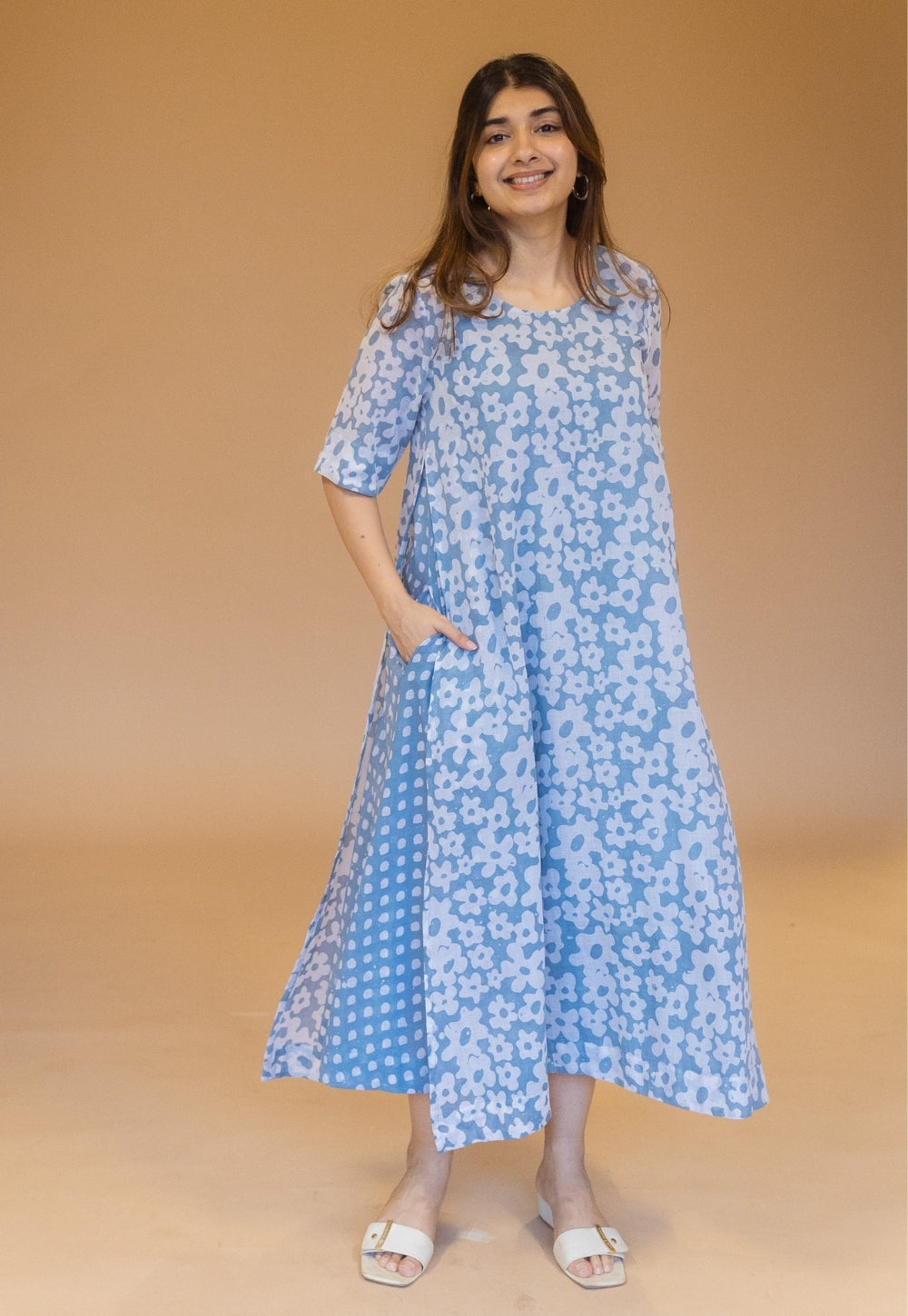 Suhana Blue Batik MulMul A Line Dress with Slip – THE INDIAN ETHNIC CO.