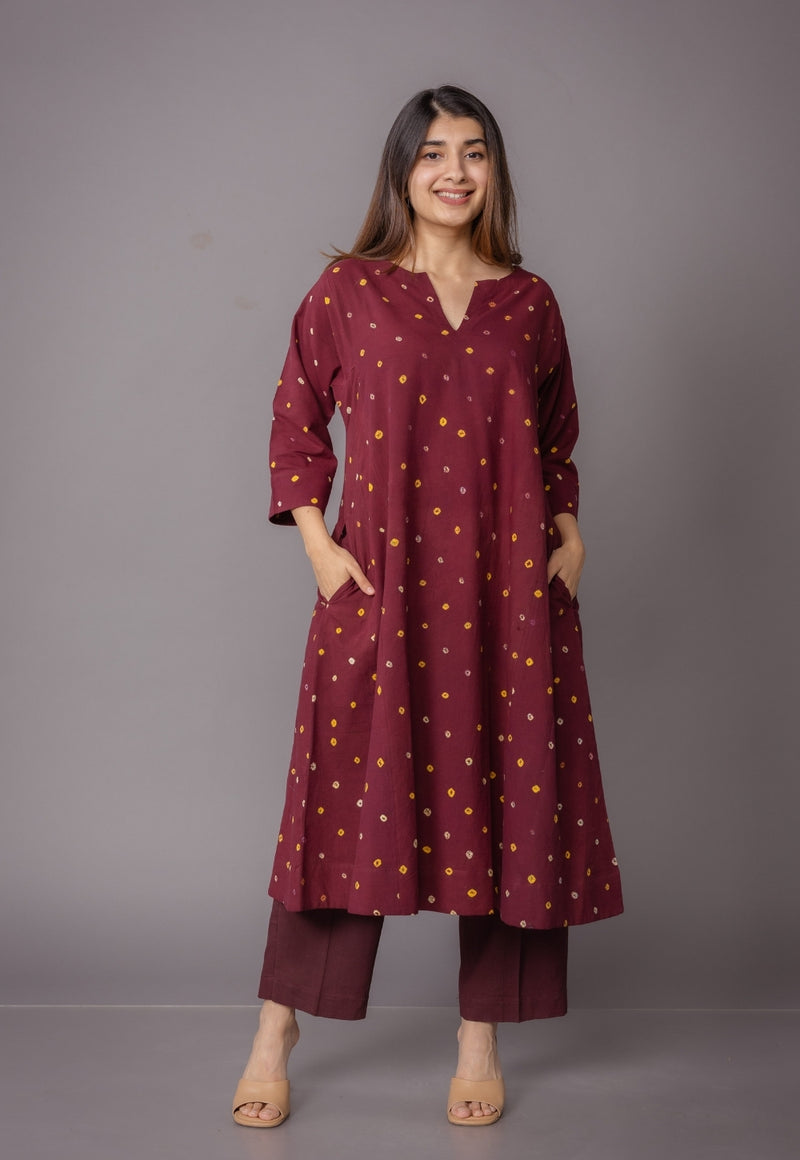 Nyra Red Bandhani Cotton Jhabbha Kali Kurta with Embroidery – THE ...