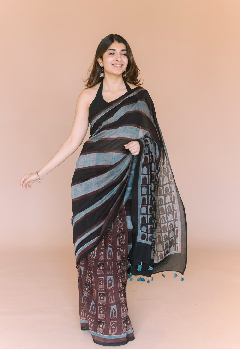 Indian Ethnic Co Black Jharoka Ajrakh Handblock Print Chanderi Saree ...