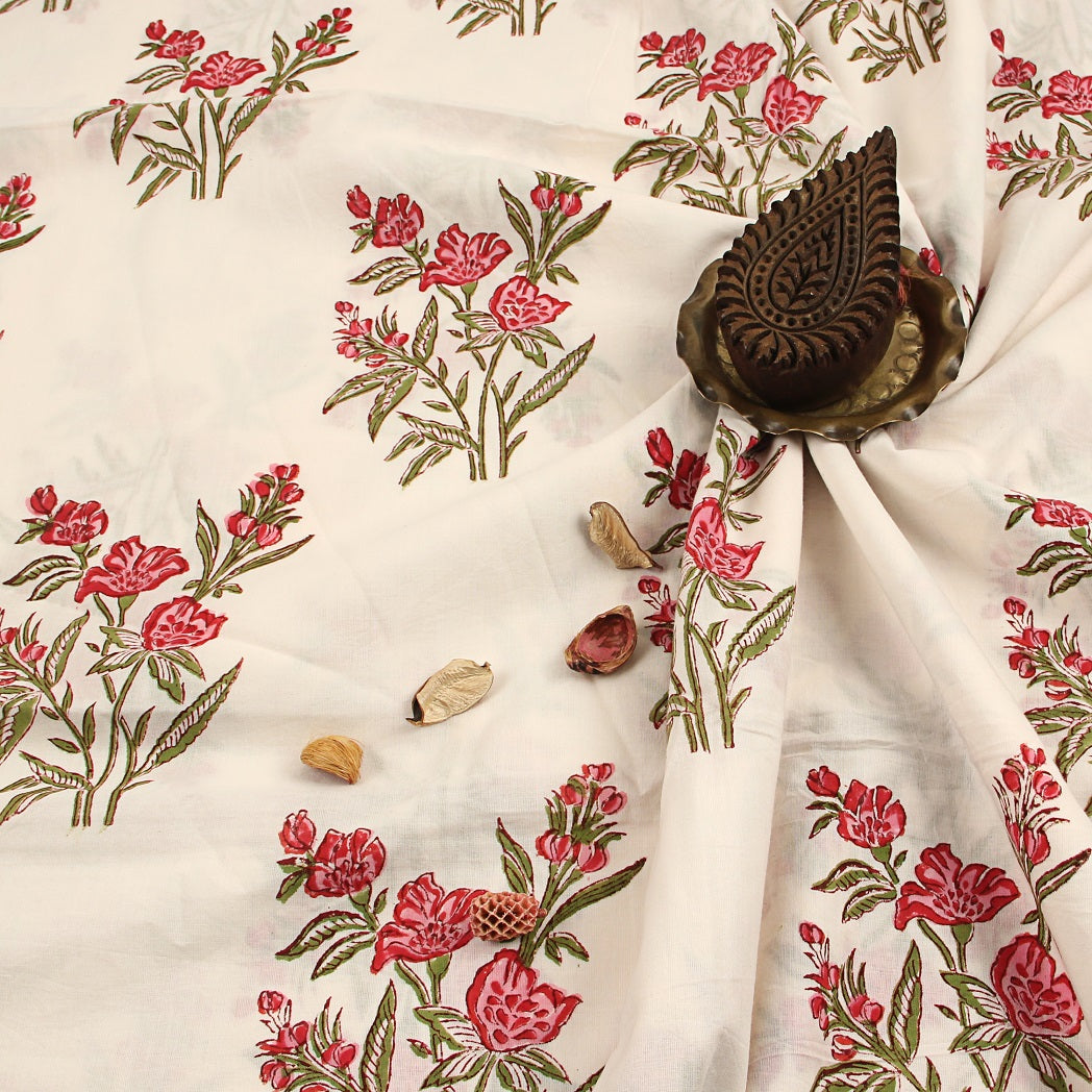 Red Floral Sanganeri Handblock Print Cotton Fabric – THE INDIAN ETHNIC CO.
