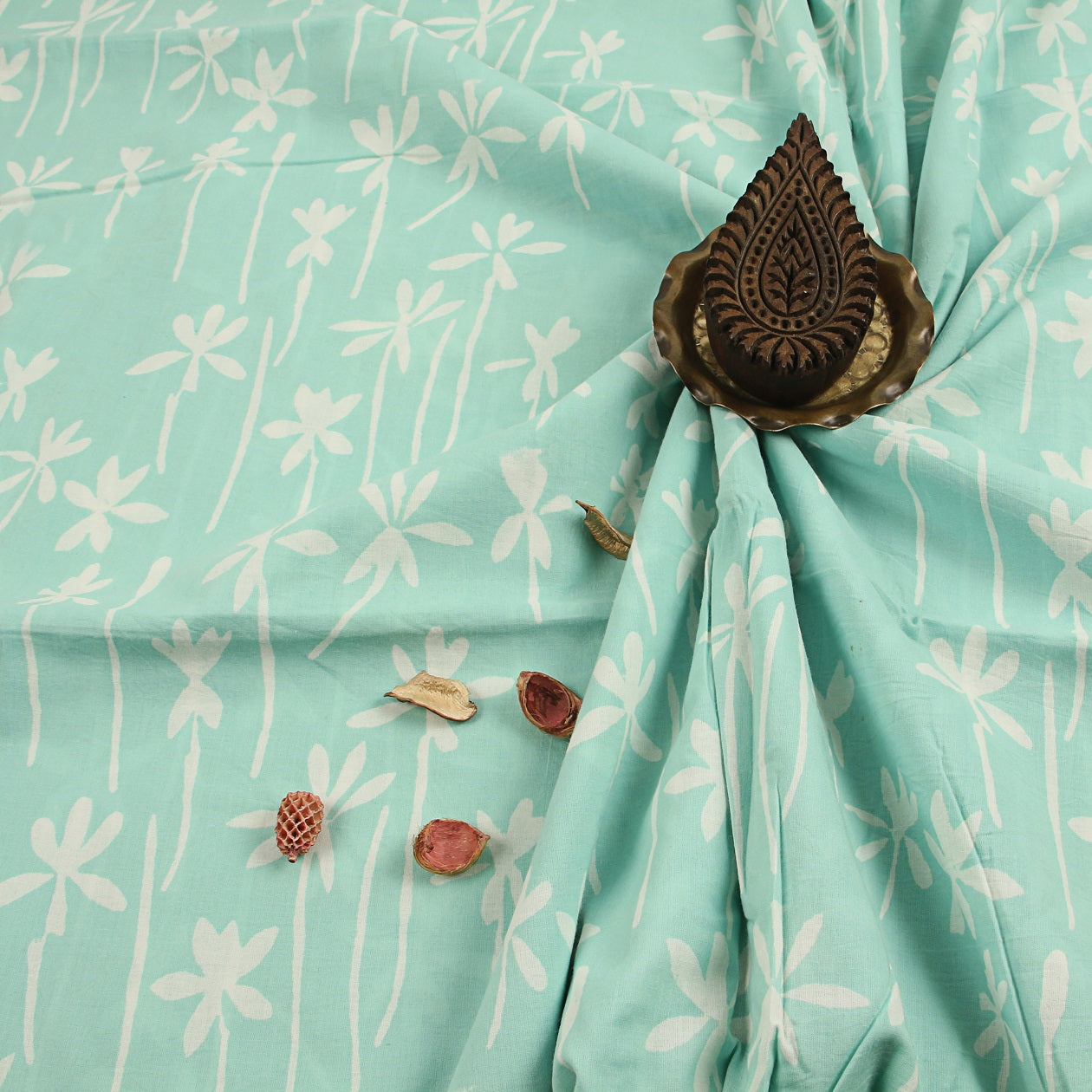 Aqua Floral Sanganeri Handblock Print Cotton Fabric – THE INDIAN ETHNIC CO.