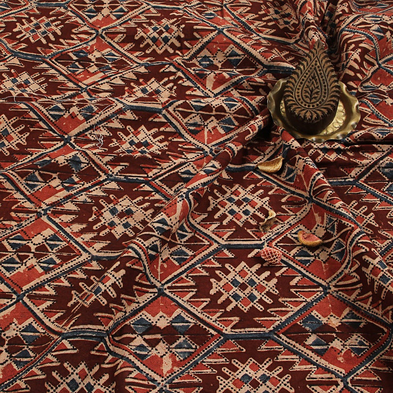 Maroon Geometric Pattern Kalamkari Hand Block Printed Cotton Fabric ...